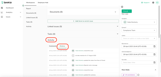 How do I see the history logs of an Issue type?